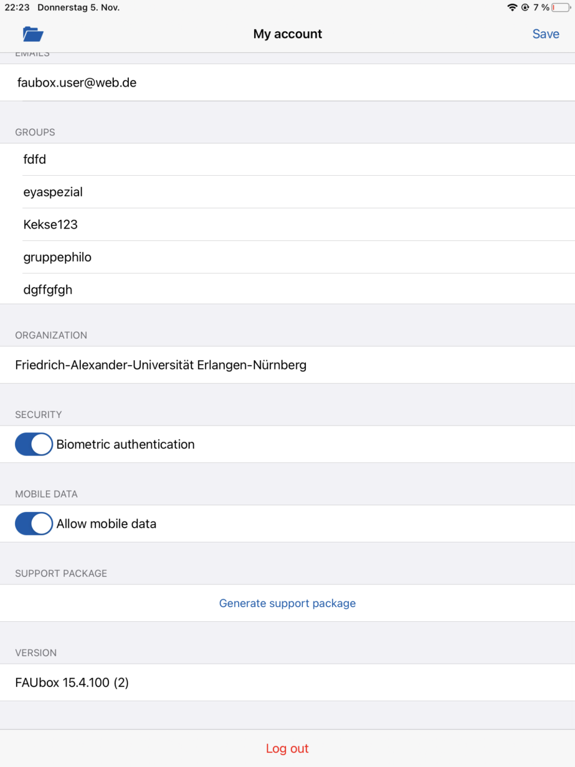 User settings in the app - FAUbox