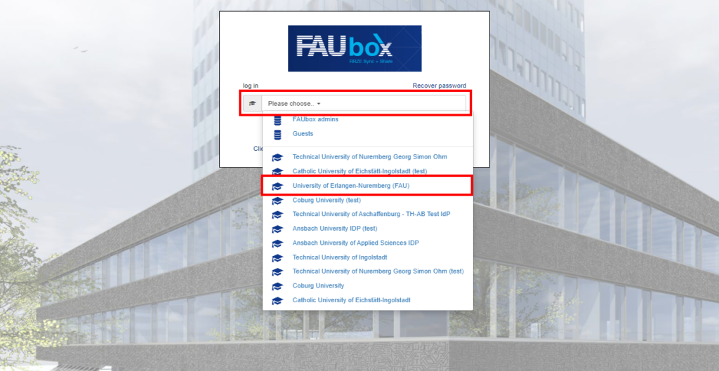 Logging into the web interface - FAUbox