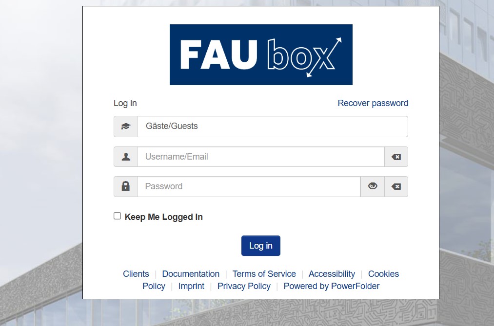 Logging into the web interface - FAUbox