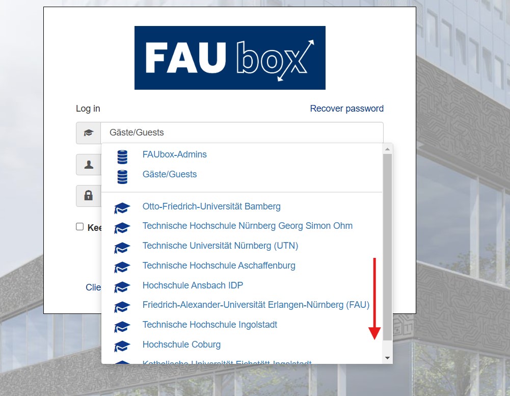 Logging into the web interface - FAUbox