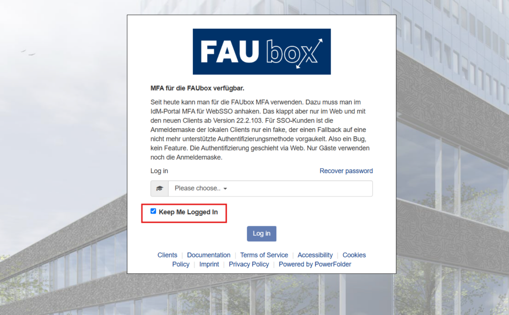 Logging into the web interface - FAUbox