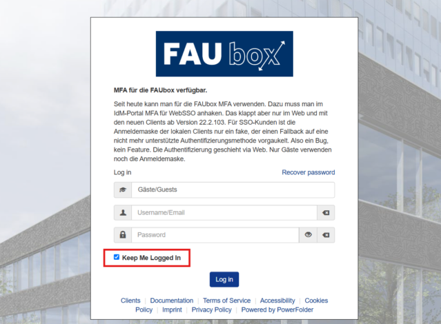 Logging into the web interface - FAUbox